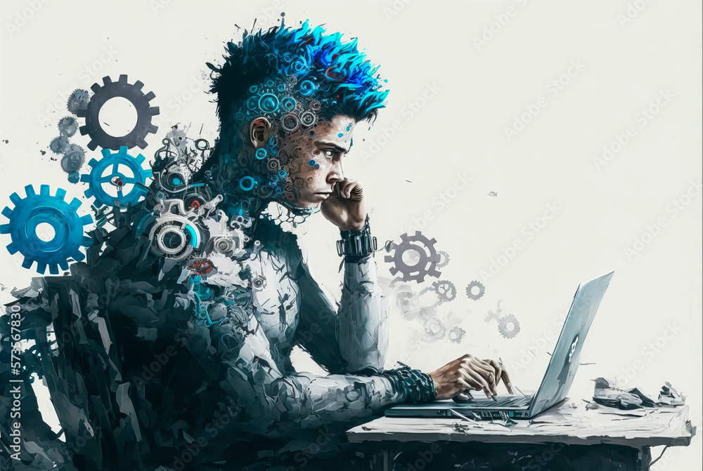 A creative man works on computer to imagine digital and creative ...