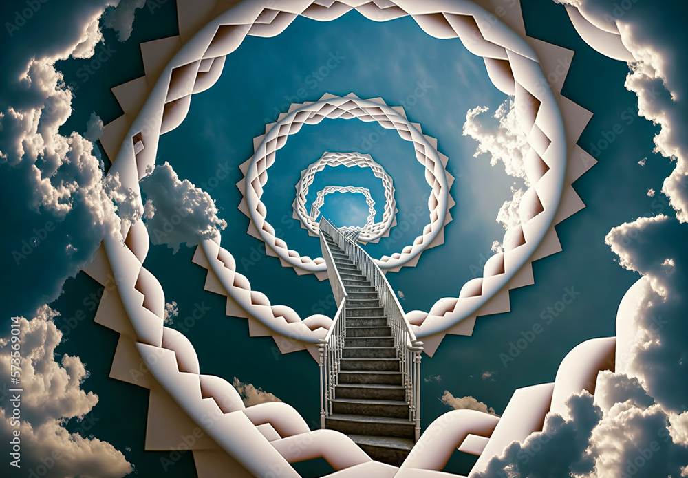Ascending staircase to Heaven, passing through billowing clouds ...