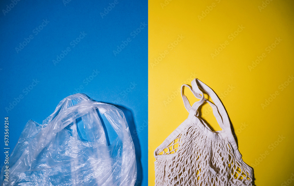 Mesh bag vs plastic bag. Reusable shopping bag instead of plastic bag ...