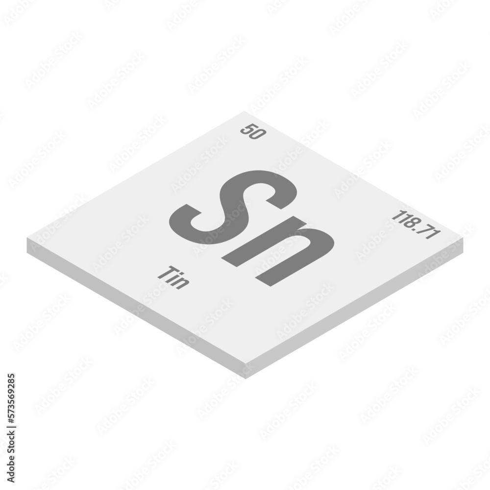 Tin, Sn, gray 3D isometric illustration of periodic table element with ...