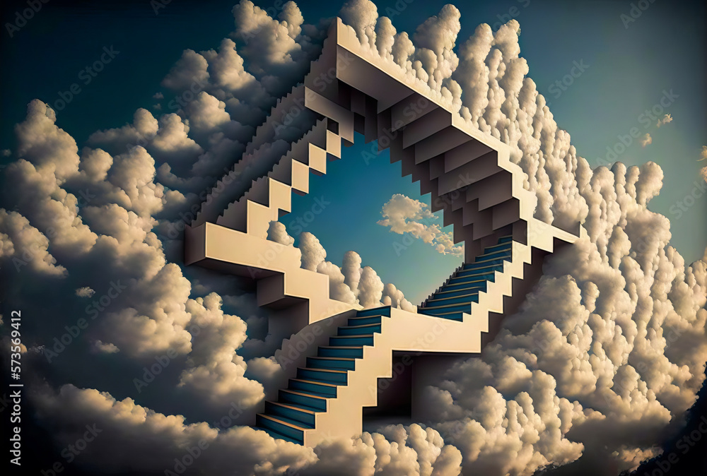 A staircase leads to heaven and paradise, surrounded by clouds. The ...