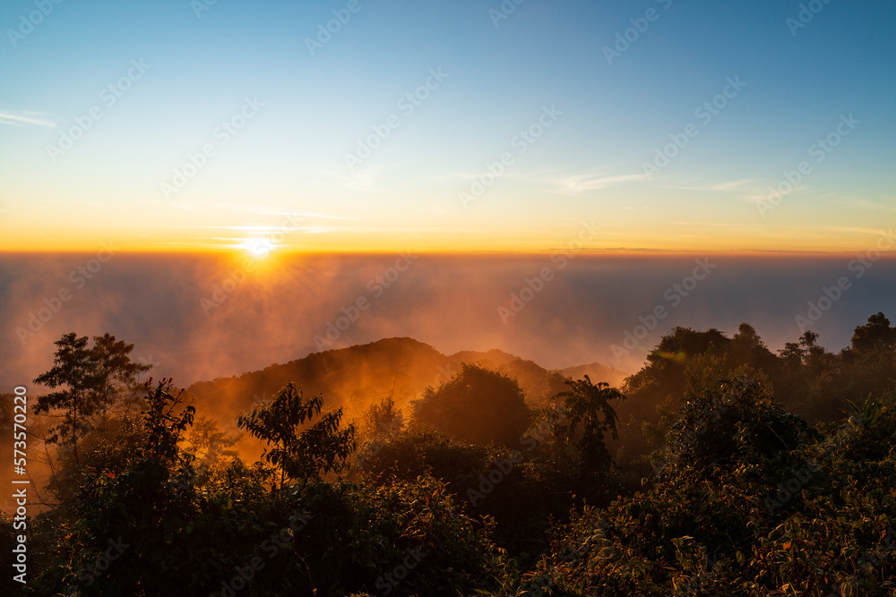 Morning mist and beautiful sunrise at Doi Pha Hom Pok, the second ...