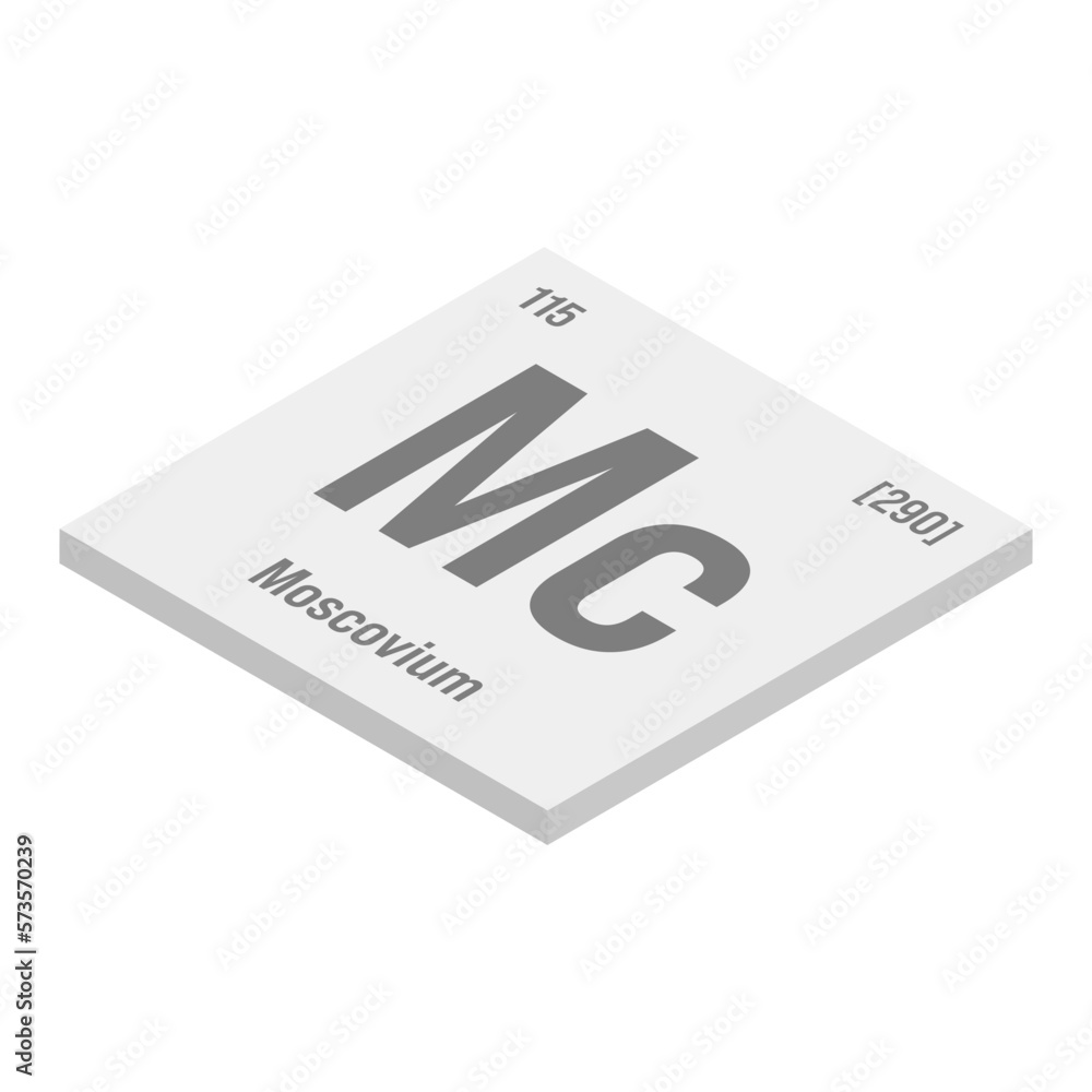 Moscovium, Mc, gray 3D isometric illustration of periodic table element ...