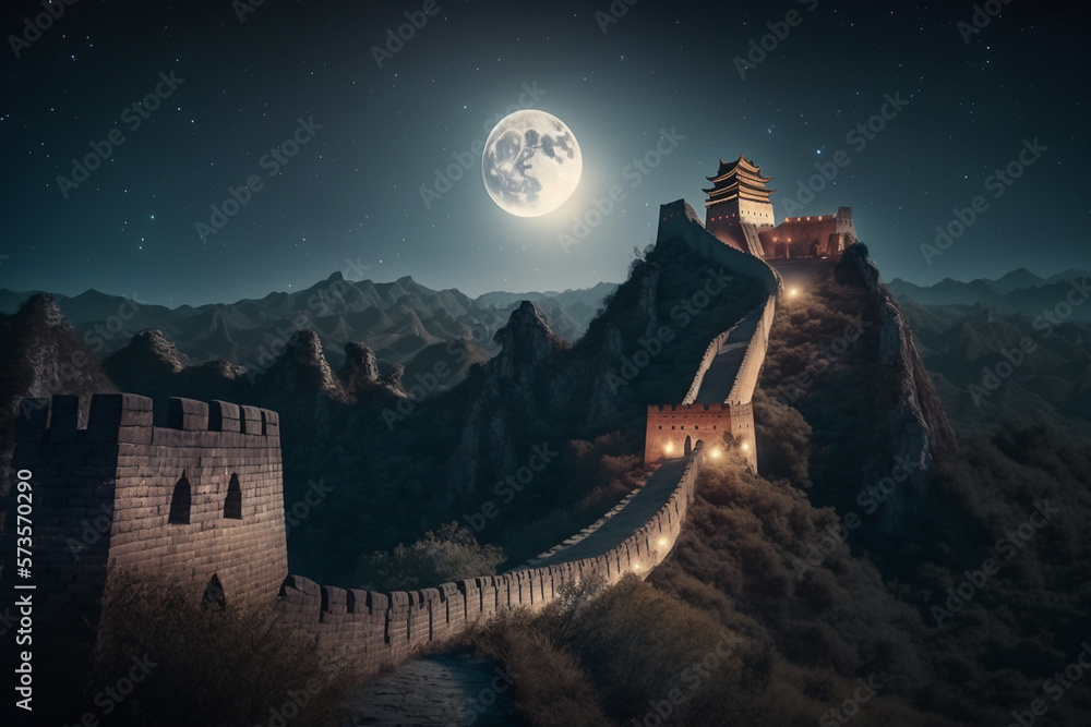 A nighttime view of the famous Great Wall of China, with the moon ...