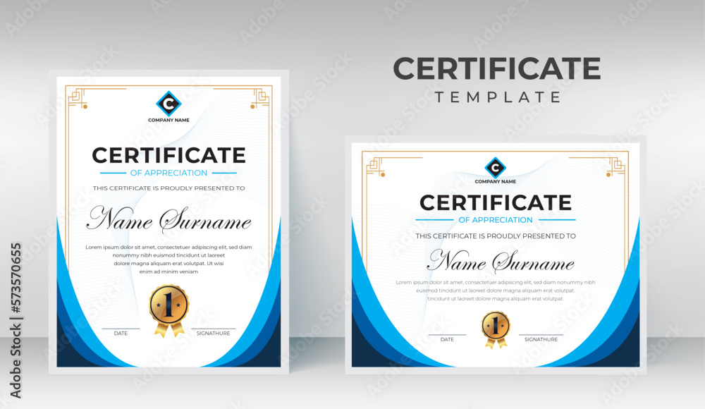 Creative Certificate Design Template. Blue and gold certificate of ...