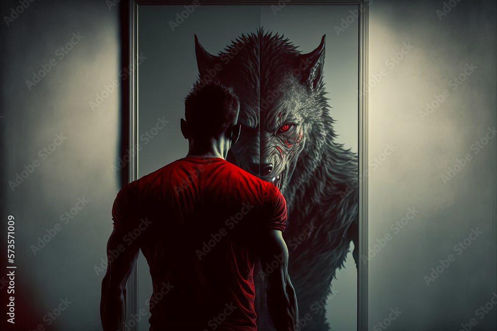 Person transformed into a werewolf in front of a mirror, horrific and ... Person transformed into a werewolf in front of a mirror, horrific and ...