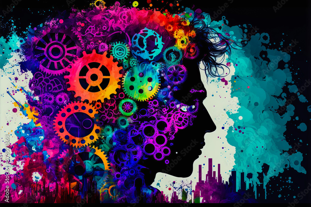 Person of wonder at the forefront of an abstract design of colorful ...