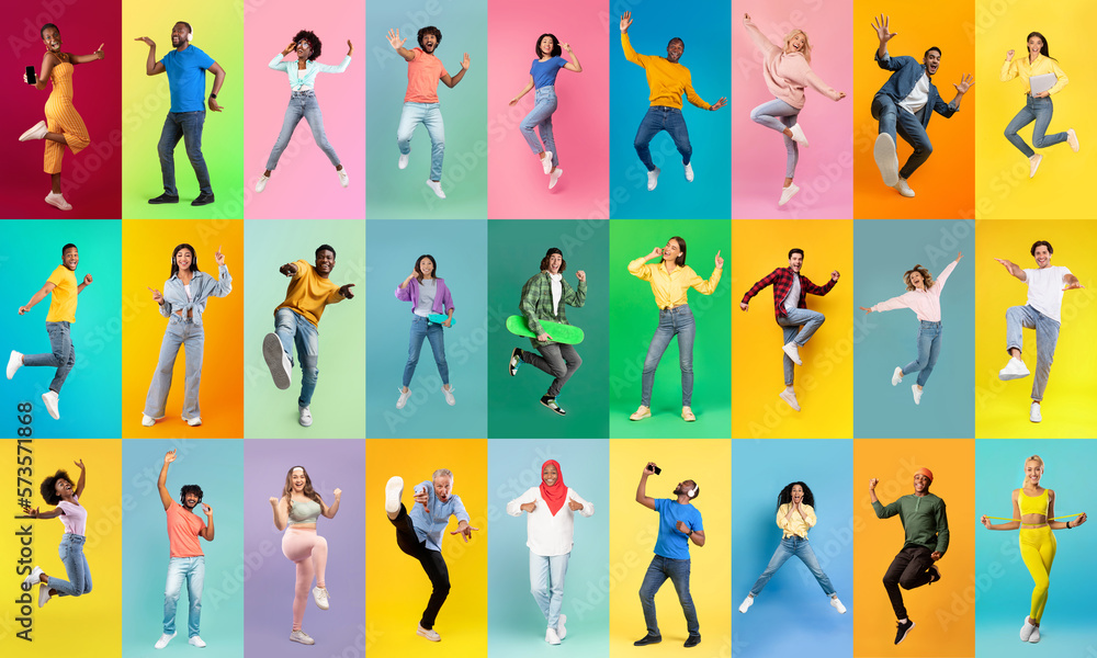 Happy Emotions. Group Of Cheerful Multiethnic People Posing Over ...