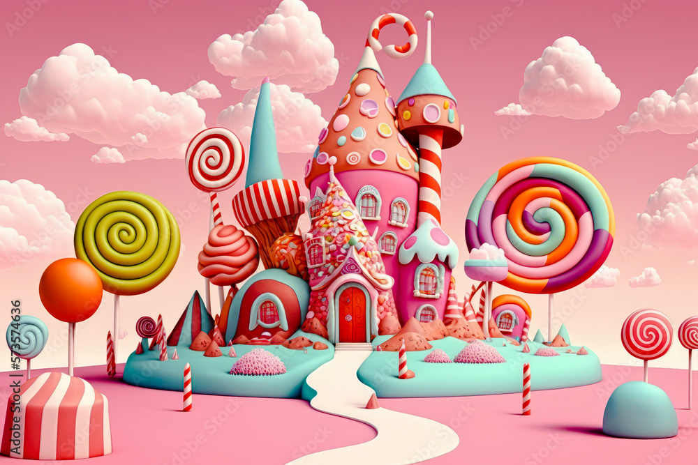 A colorful and whimsical candy land with giant lollipops, cupcakes, and ...