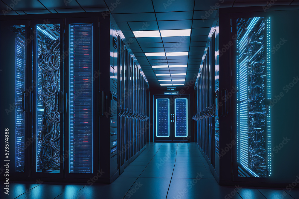 Generative AI illustration of futuristic neon data center Stock ...