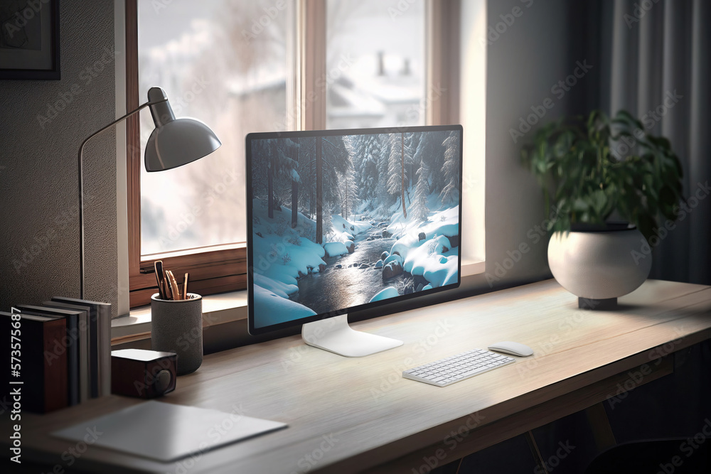 Desktop computer on a desk next to a window. Generative AI Stock ...