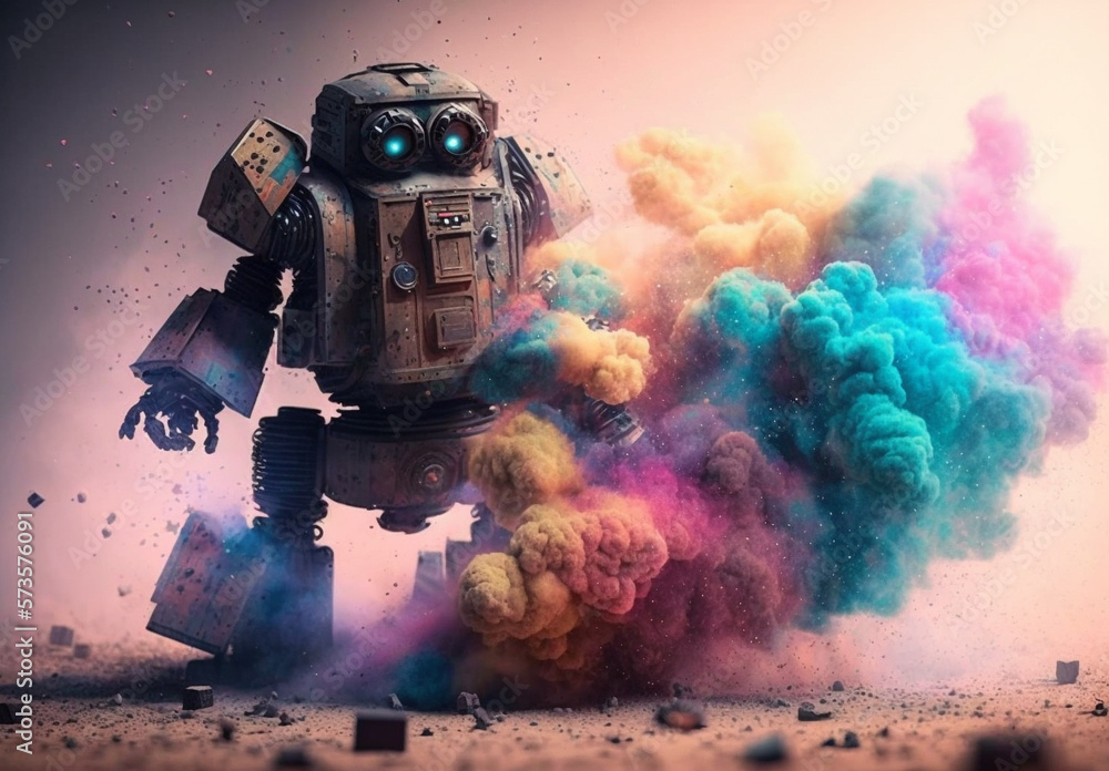 Robot disposing of smoke bombs on a colorful background.Bomb disposal ...