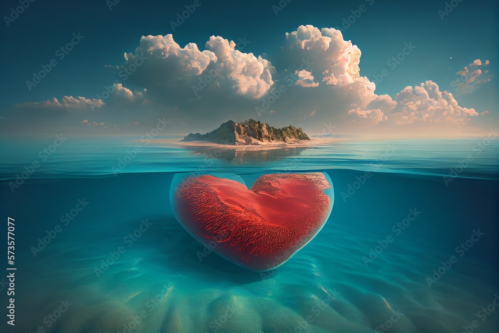 Red Heart Floats Immersed In Water In Warm Turquoise Tropical Waters. A ...