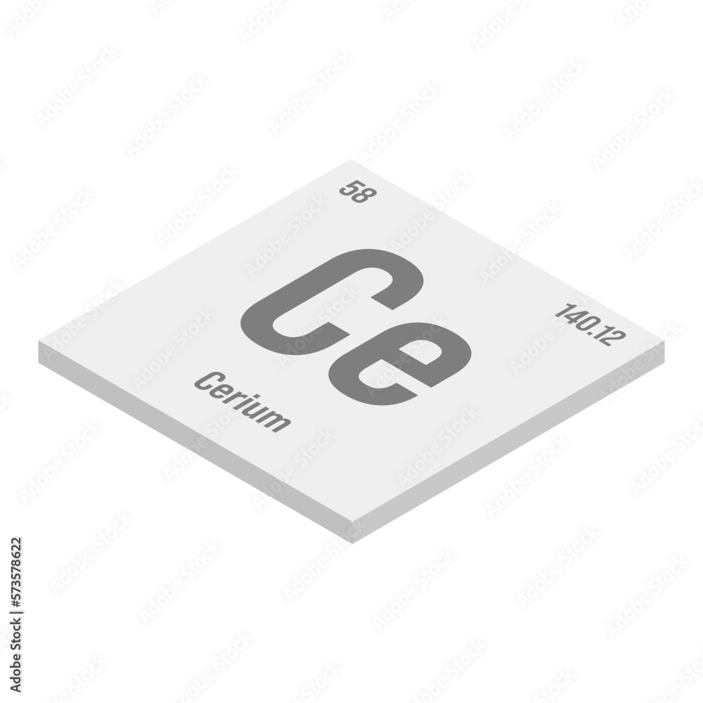 Cerium, Ce, gray 3D isometric illustration of periodic table element ...