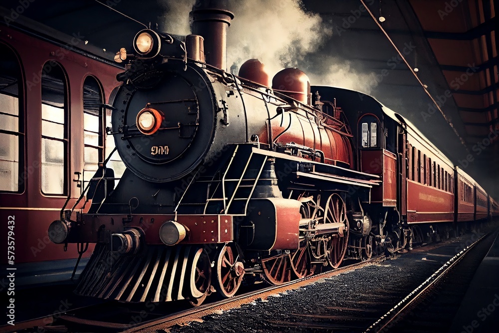 Vintage Steam Train Locomotive. In Train Station. Beautiful Vintage ...
