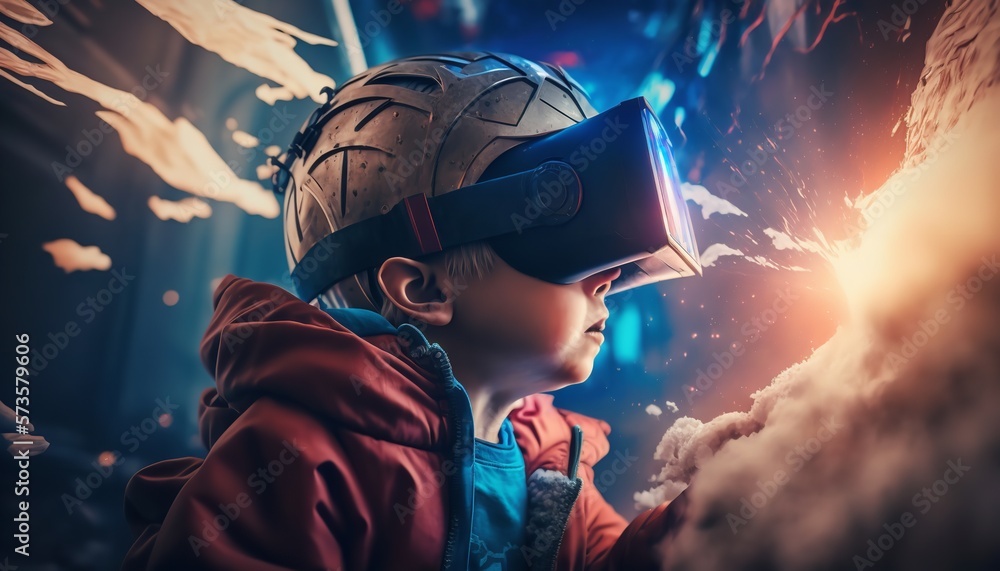 Metaverse concept. A girl in virtual reality headset. Beautiful, cute ...