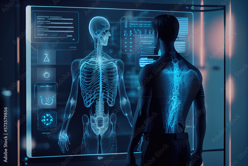 Digital screen with the projection of a human body hologram with ...