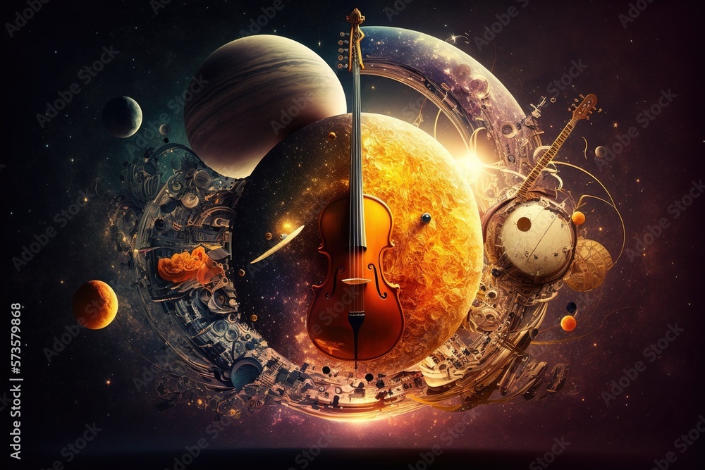 Art design of music instruments like violins, in outer space with ...