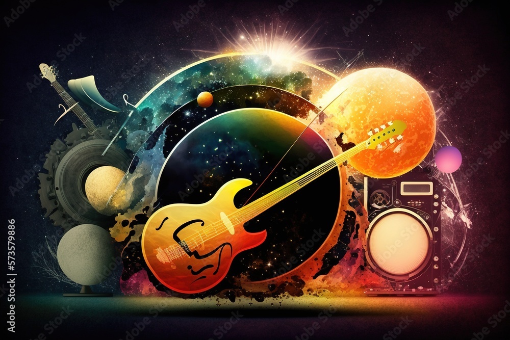 Two electric guitars are seen floating among a dark sky of stars and ...