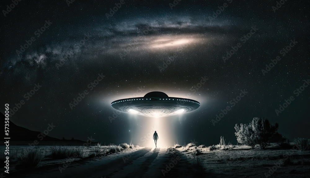 UFO alien abduction. Flying saucer spaceship from outer space. AI ...