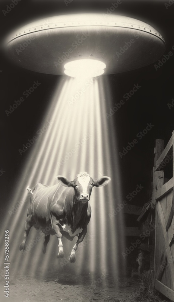 Old black and white photos of UFO hijacking cows Stock Illustration ...