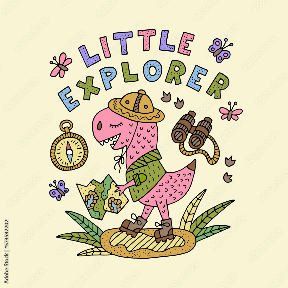 Little explorer t-rex. Cute print with dino. Lettering quote. Card ...
