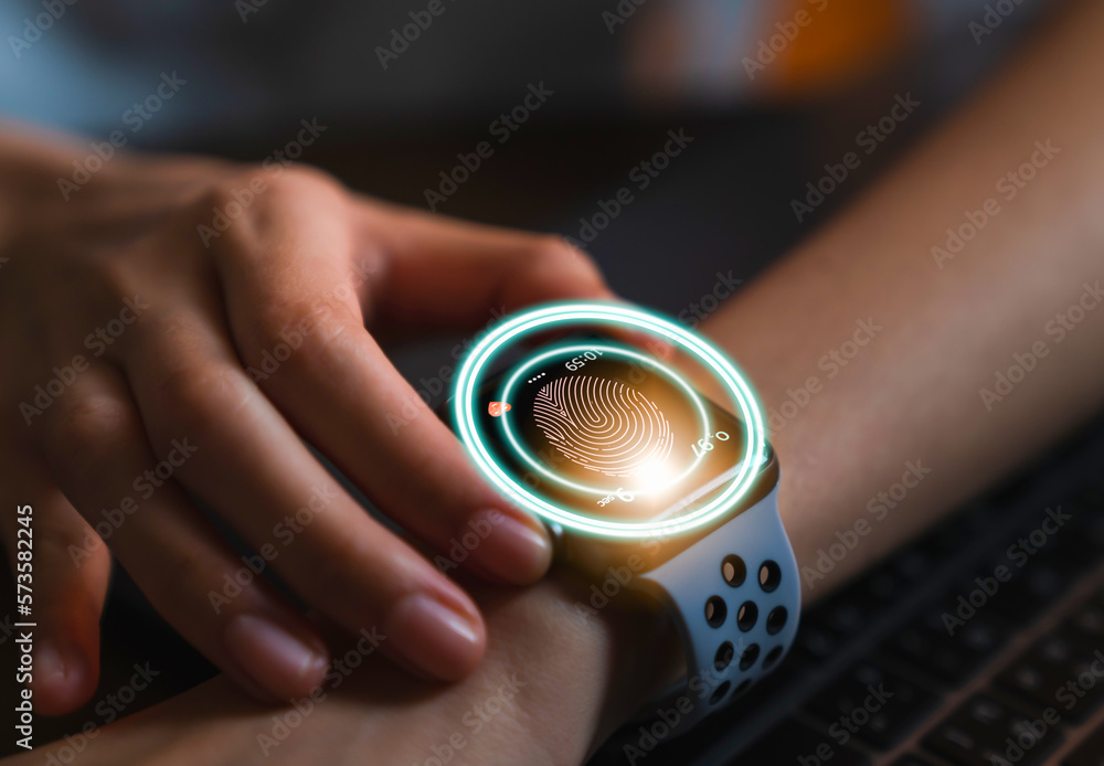 Hand scanning fingerprint on smart watch to unlock, Concept digital ...