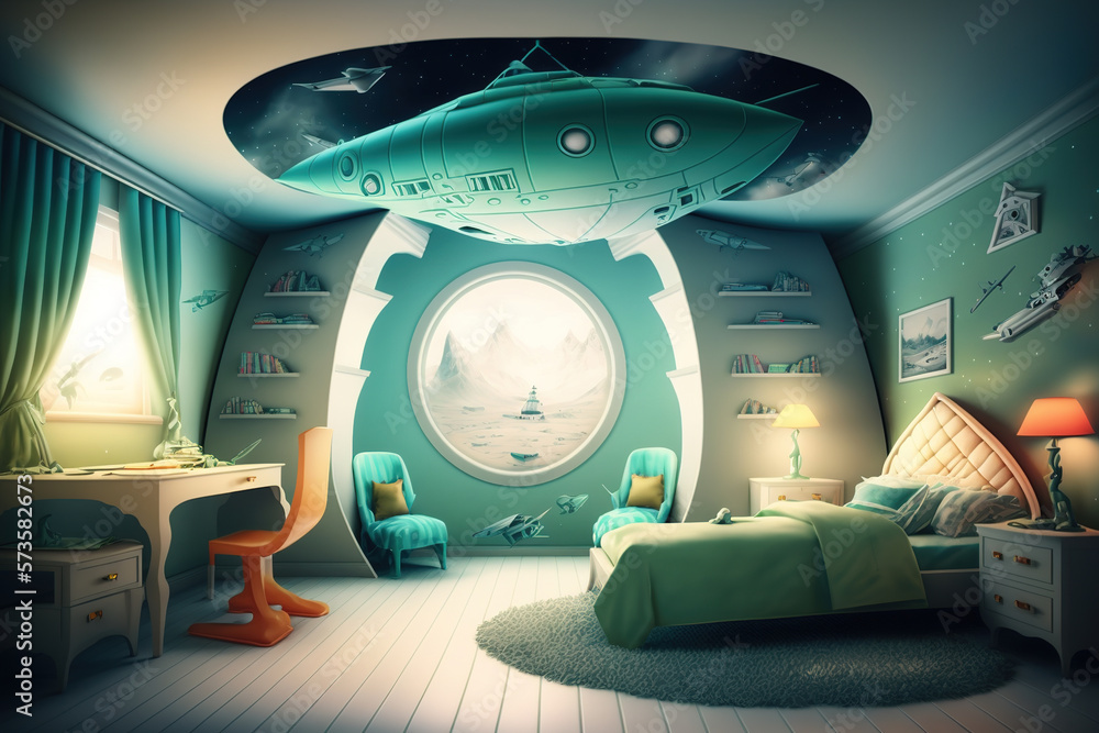 A space-themed children's room complete with UFO and porthole. Children ...