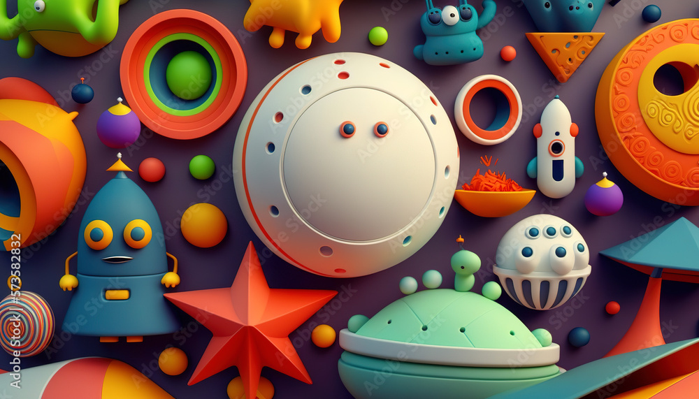 Multicolored toys UFO background. Alien toy rockets and flying saucers ...