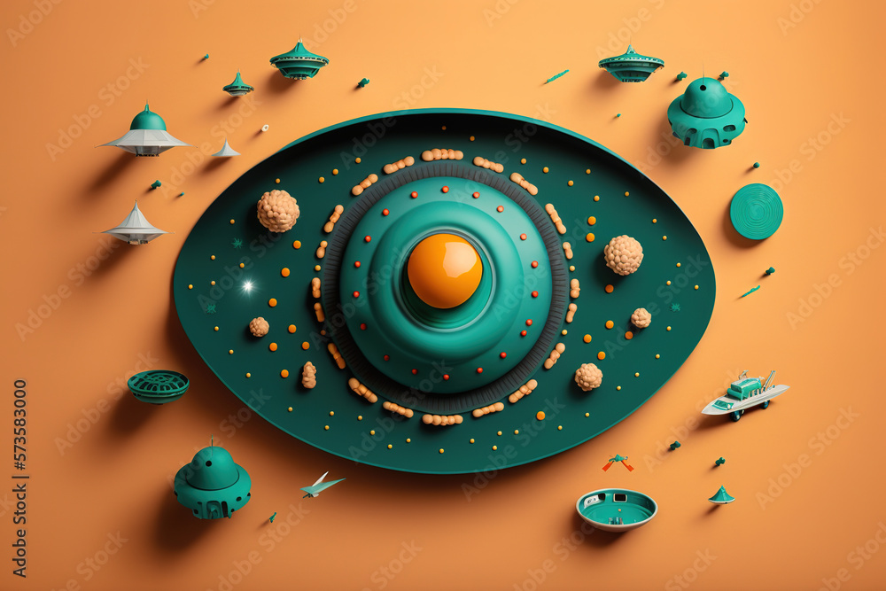 Stylized flying saucer flat lay. UFO on a plate reminiscent of the eye ...