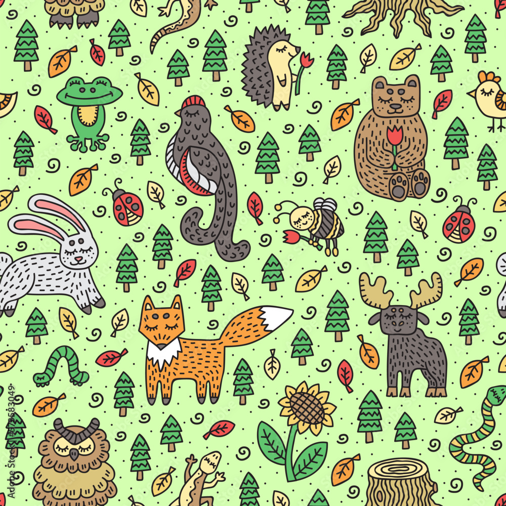 Forest animals. Seamless pattern. Cute hand-drawn doodles. Vector ...