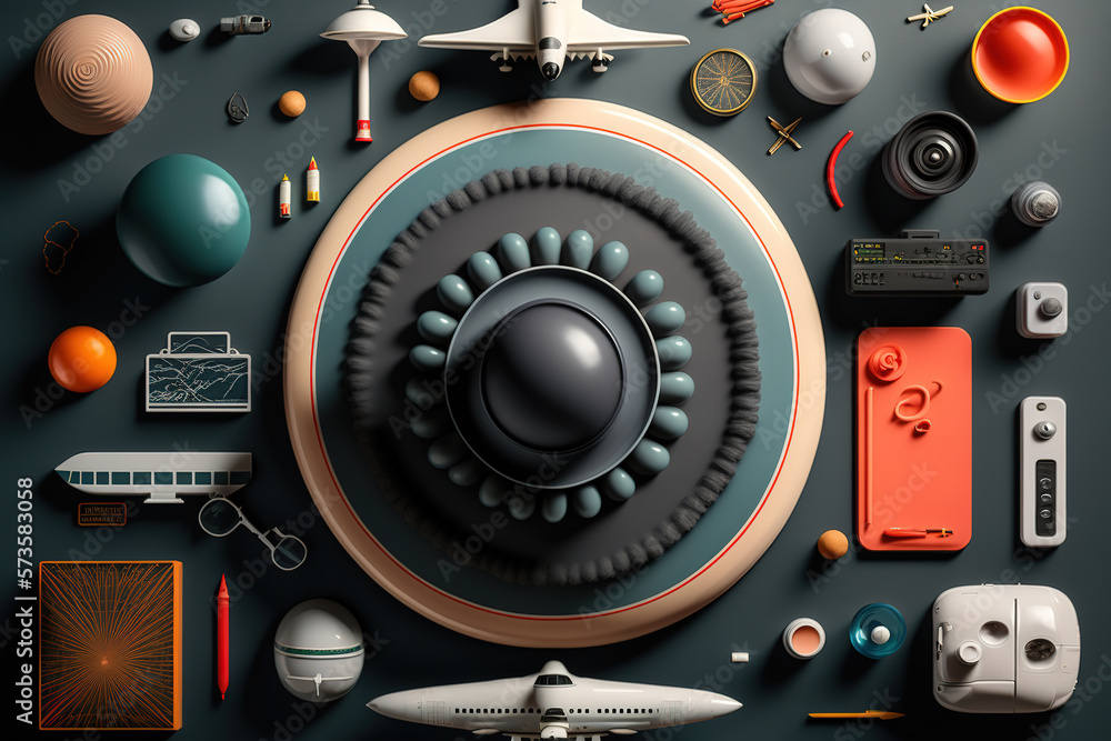 UFO design Flat Lay. UFO flying saucer with additional elements of ...