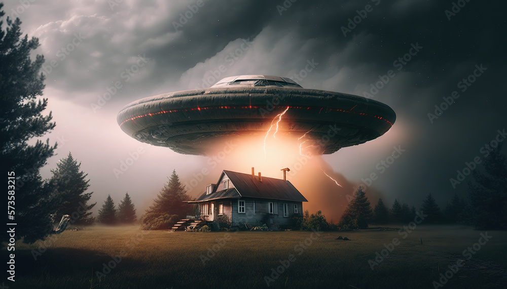 Flying saucer flying over farm at night. Alien ship in farm. Alien UFO ...