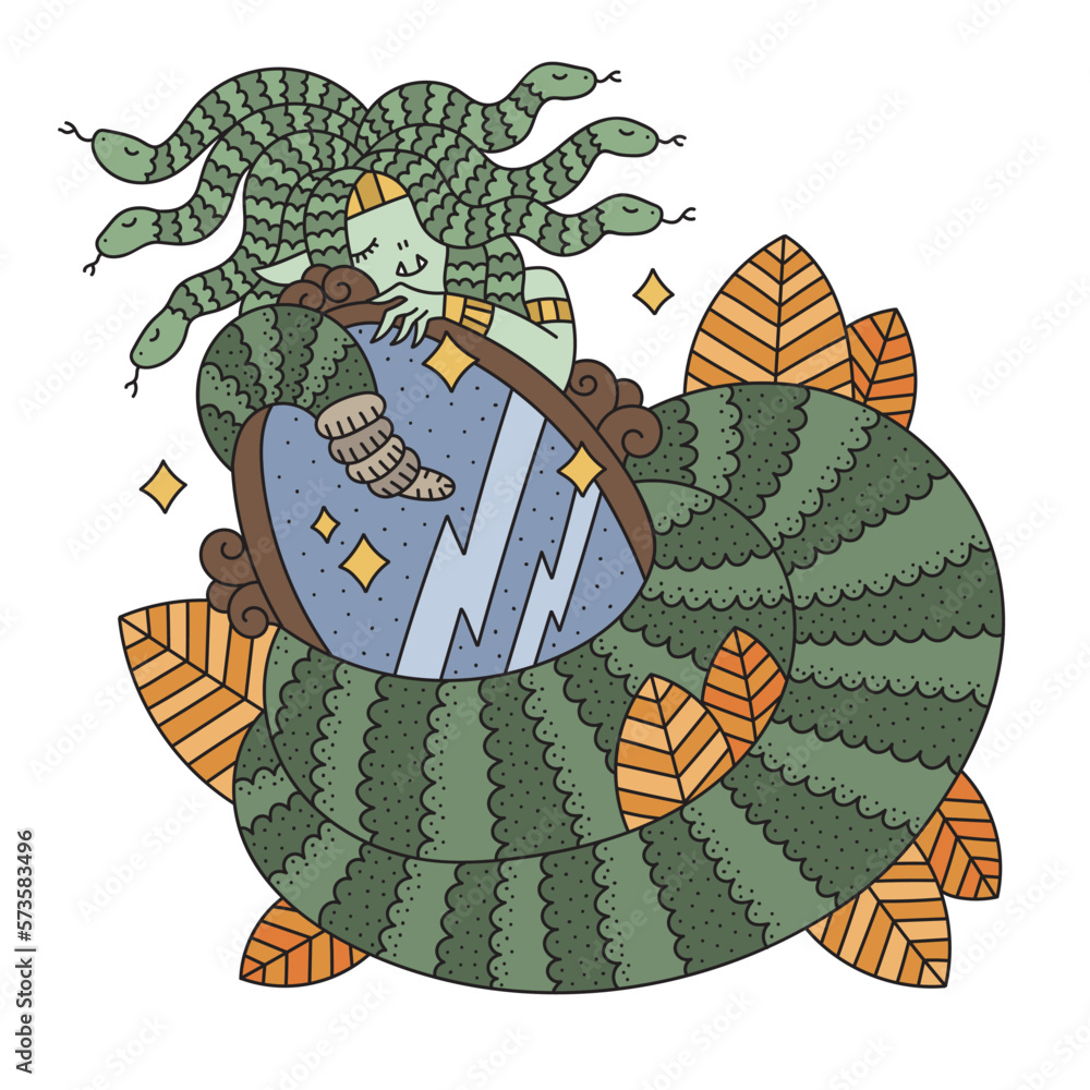 Vetor de Mythology medusa gorgon with mirror. Ancient greek history ...