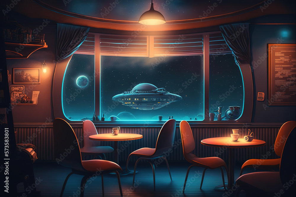 Fantastic interior of UFO cafe. Cozy interior with soft warm light in a ...