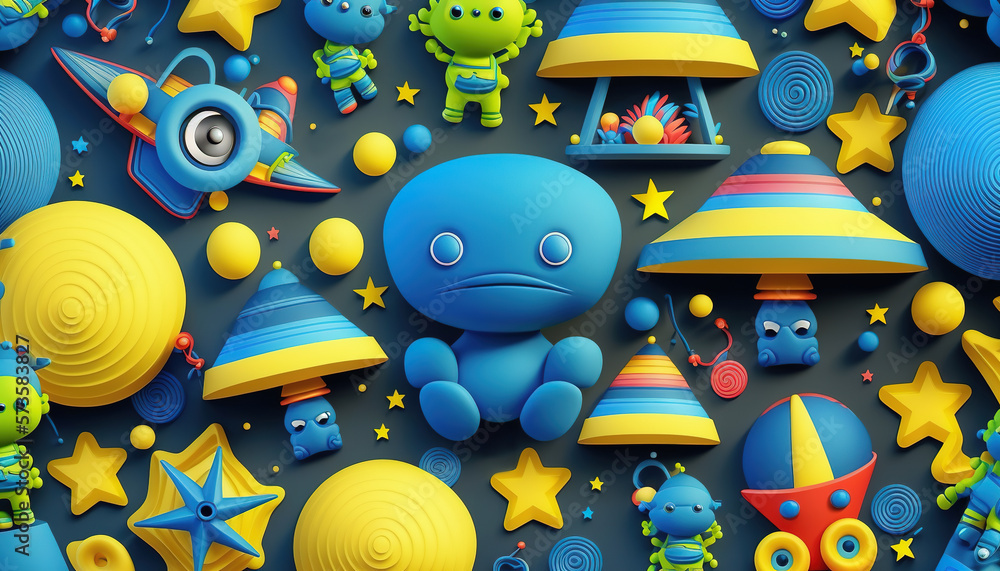 Fantastic children's UFO toys background. 3D space elements set in ...