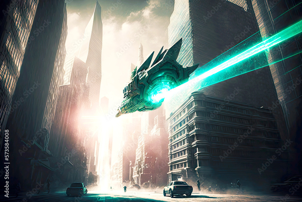alien blaster in city with laser weapon flying among skyscrapers ...