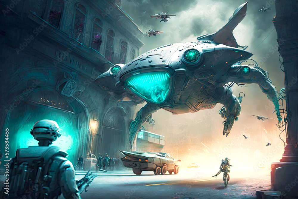 gun fight with aliens and their flying aircraft in city, generative ai ...