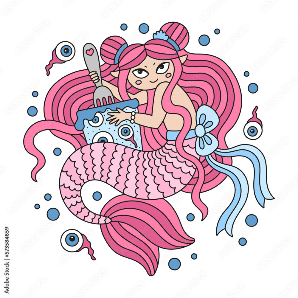 Sweet little mermaid eating puddle with eyes. Cute girl with pink hair ...