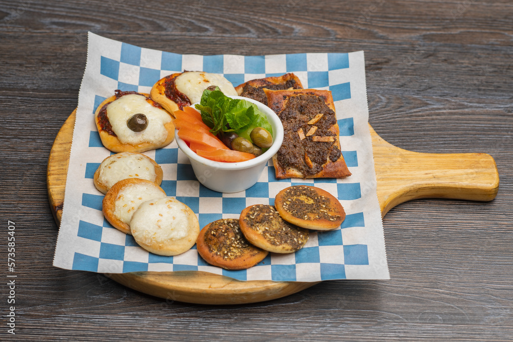 Poster Lebanese food of Manakish, mini pizza, mini cheese, mini zaatar ...