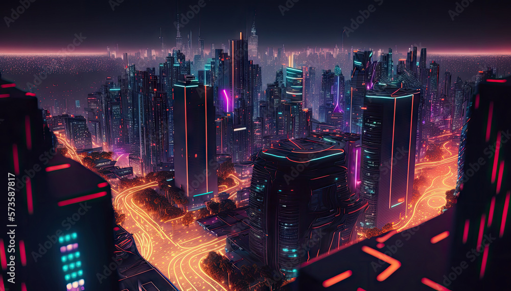 Ilustracja Stock: Night city Cyber punk landscape concept. Light ... Ilustracja Stock: Night city Cyber punk landscape concept. Light ...