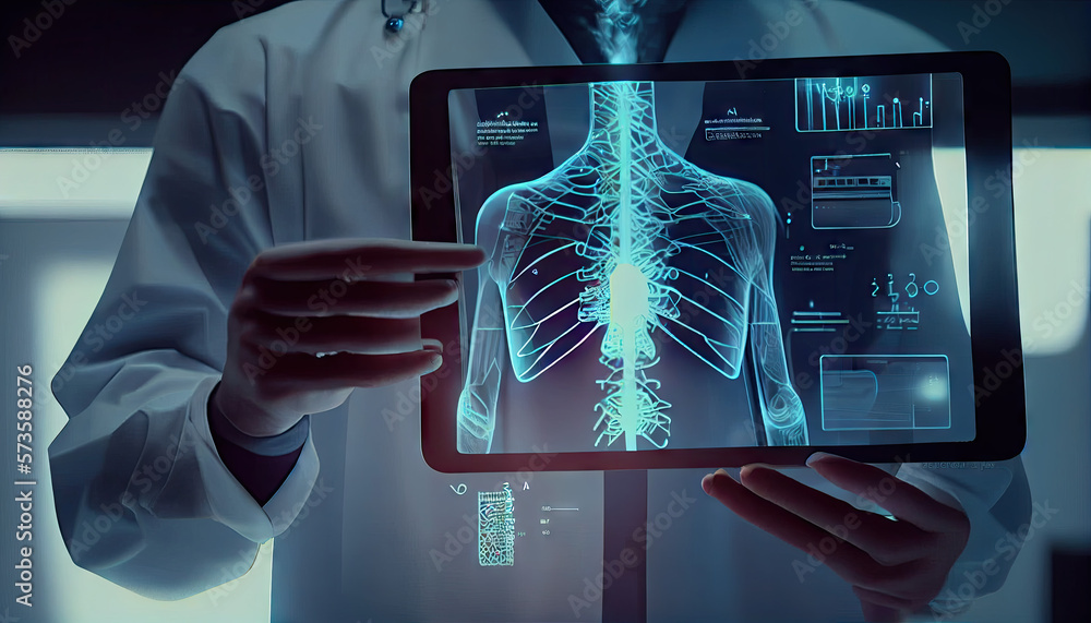 A doctor's hands holding a digital screen with the projection of a ...