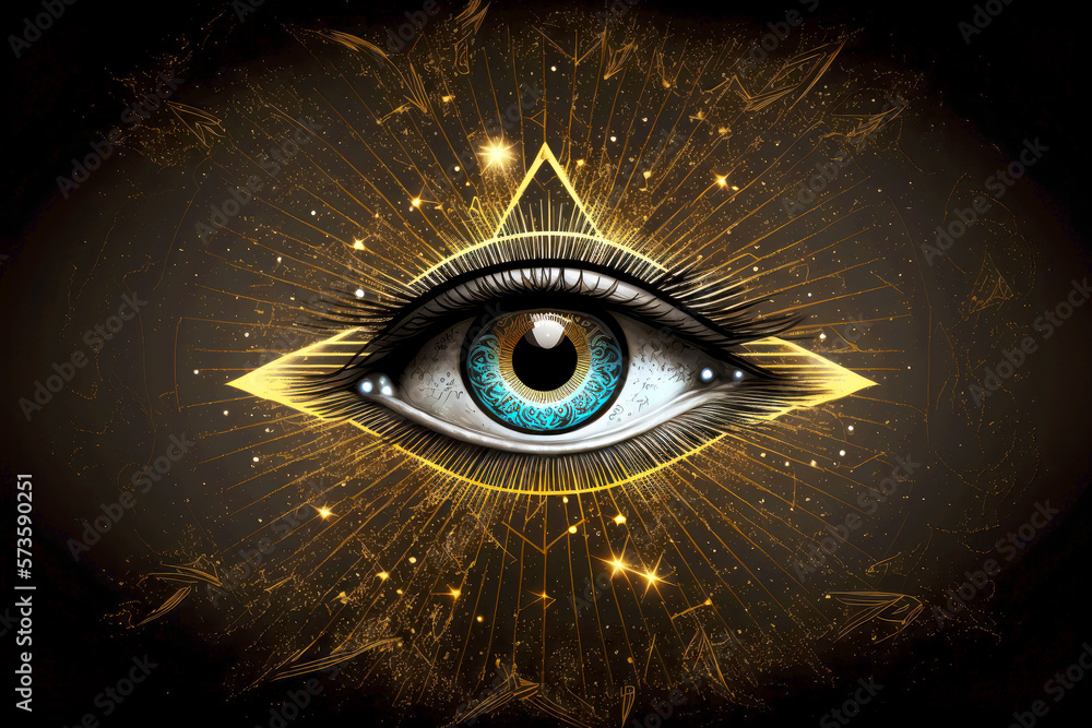 mystical vision of all-seeing eye in black background with stars ...