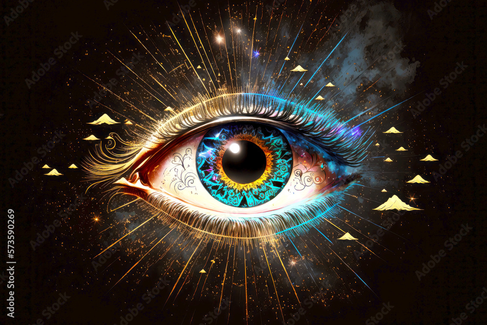 mystical vision of all-seeing eye in black background with stars ...