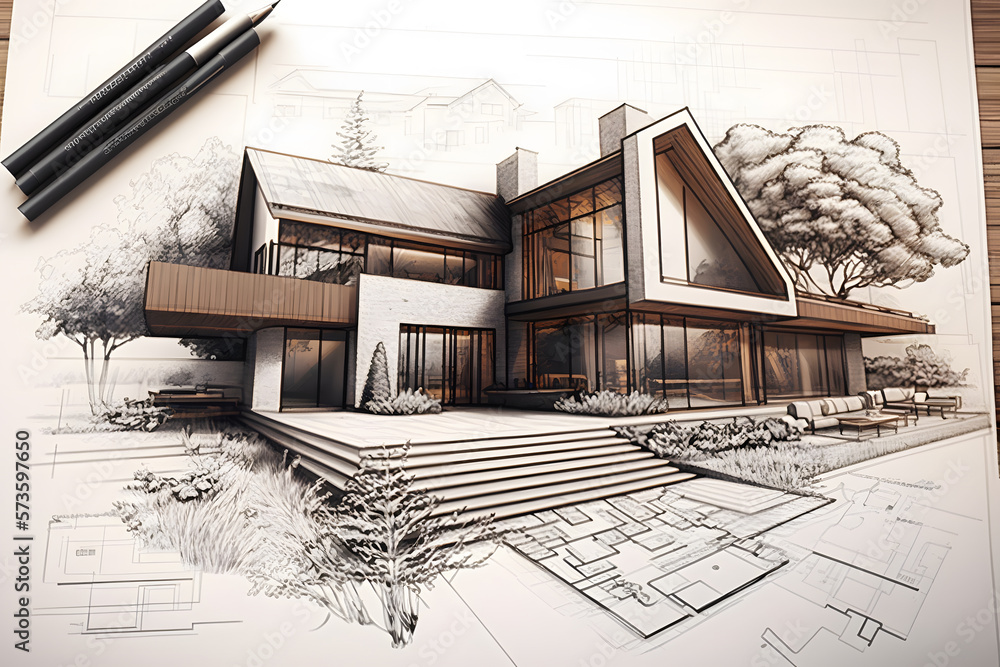 Sketch of building design of modern family house, architectural plan ...