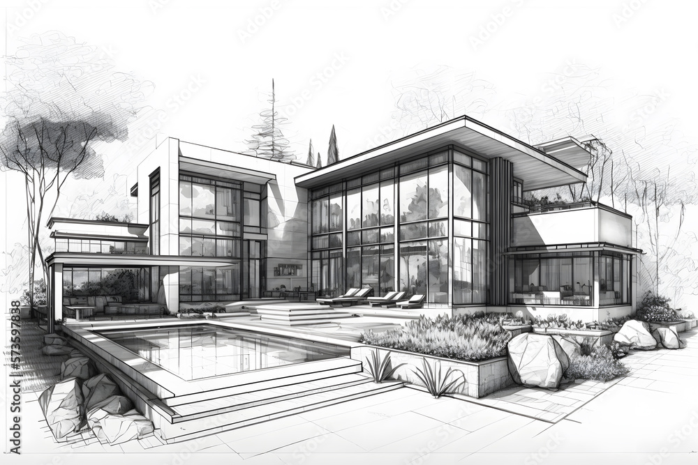 Sketch of building design of modern family house, architectural plan ...