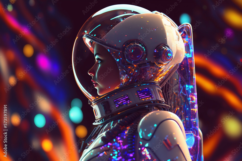 Generative ai neon illlustration futuristic cyber astronaut woman ...