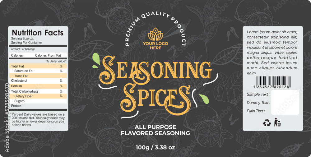 Spice Label Design Template Seasoning Herbs And Spice Packaging Design Lemon Cardamom Garlic