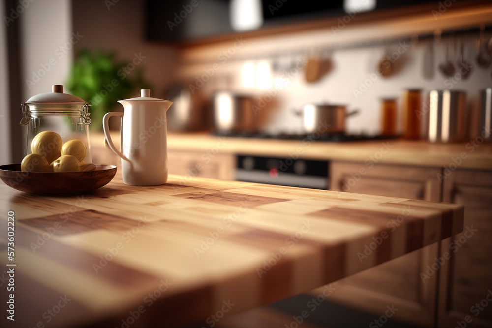Empty wooden tabletop with blurred kitchen background. Mock up for ...