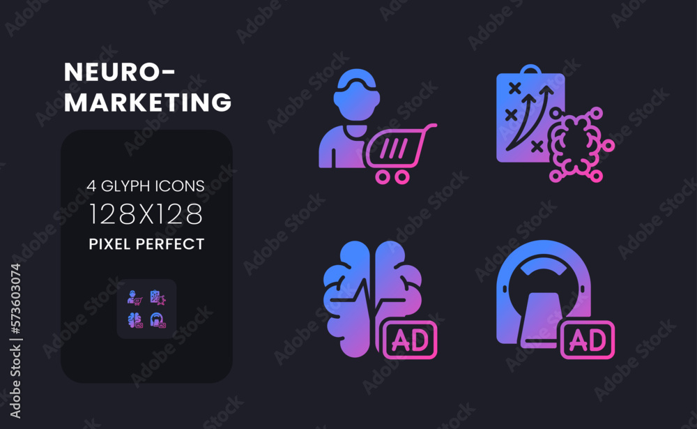 Neuro marketing purple solid gradient desktop icons. Neuromarketing research. Cognitive science ...